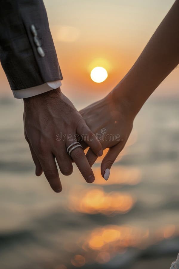 Romantic Sunset Engagement - Couple Holding Hands with Ring Stock Photo ...