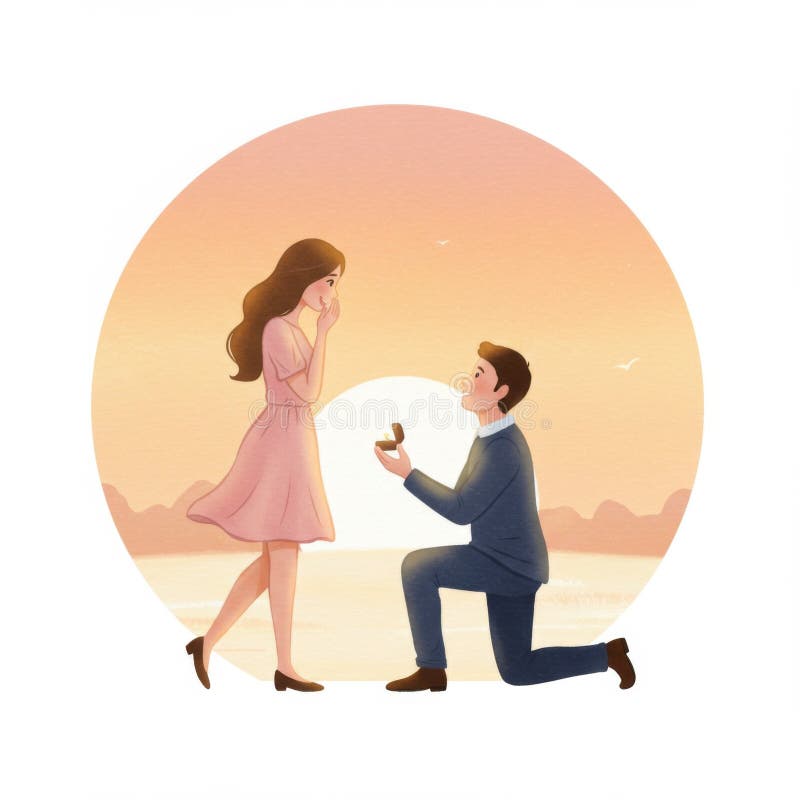 Romantic Sunset Proposal Illustration: Couple on Beach Stock ...