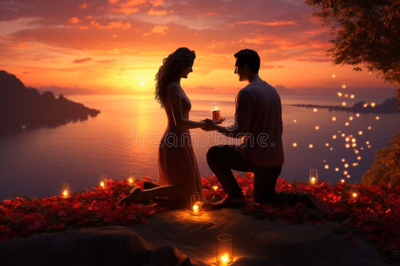Romantic Sunset Proposal Scenes in Scenic Stock Illustration ...