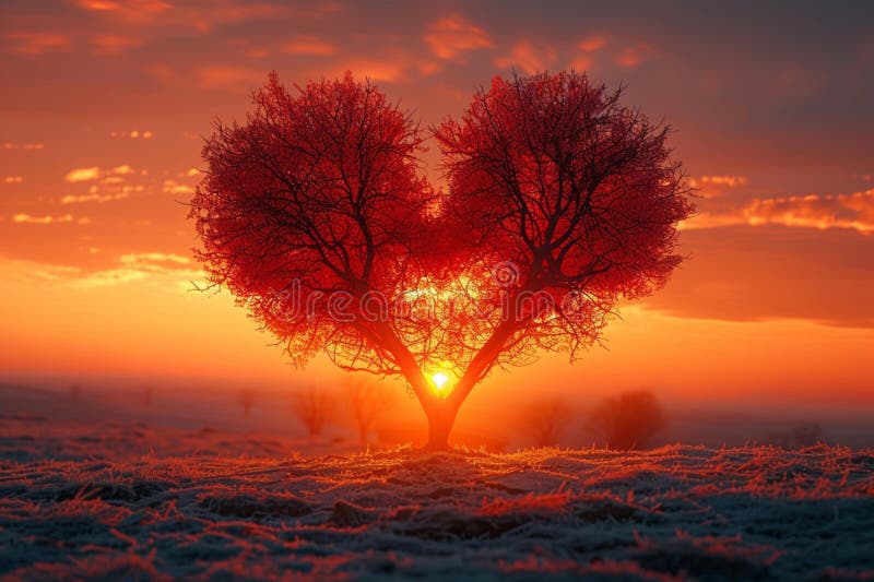 Romantic Sunset Red Heart Shaped Tree Stands Out in Evening Glow Stock ...
