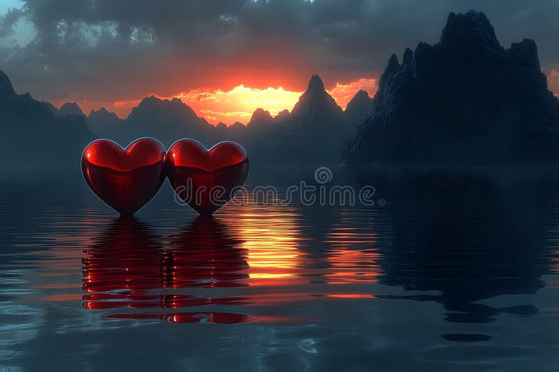 Romantic Sunset Reflection with Heart Shapes on Tranquil Lake ...