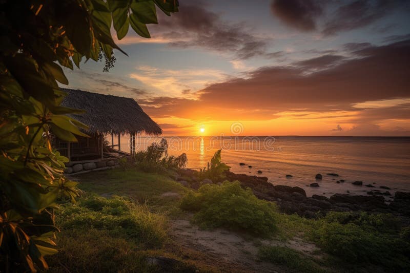 Romantic Sunset on Remote Island, with View of the Ocean Stock ...