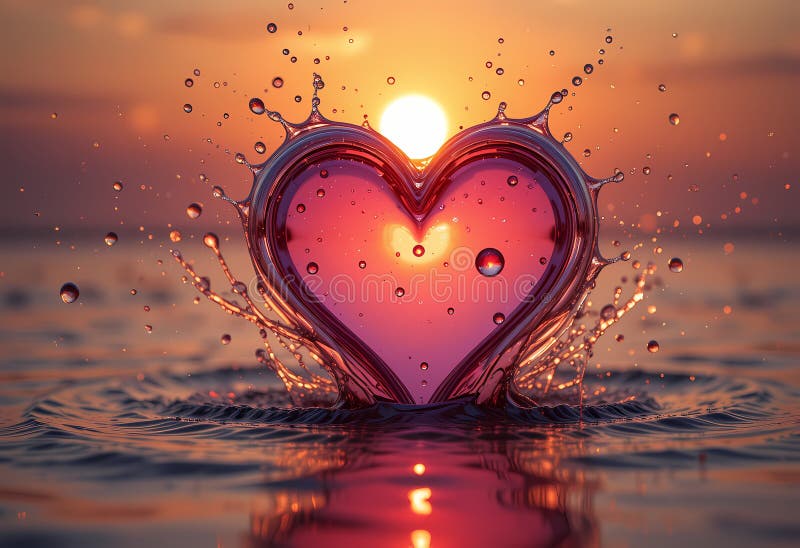 Romantic Sunset Scene with a Heart Shaped Water Splash Stock ...