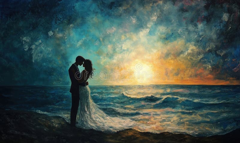 Romantic Sunset Silhouette of Couple Embracing by the Ocean Shore Stock ...