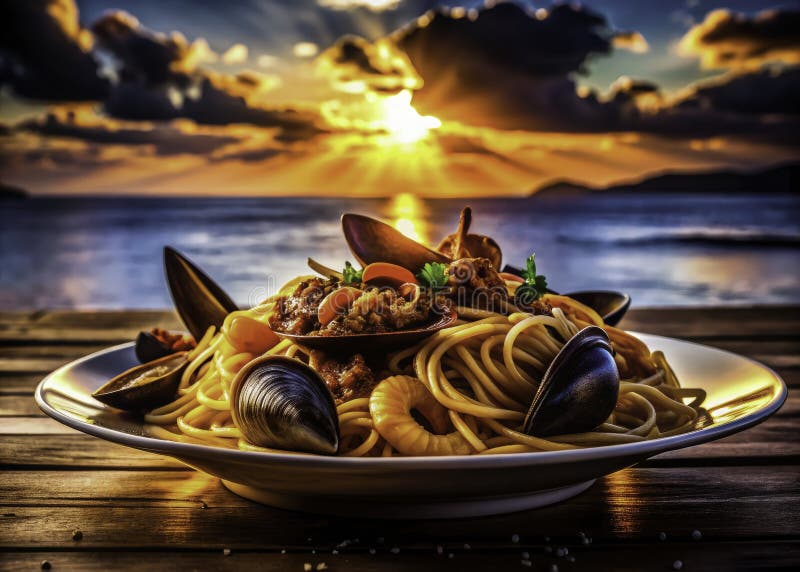 Romantic Sunset Silhouette of Seafood Spaghetti a Culinary Masterpiece ...