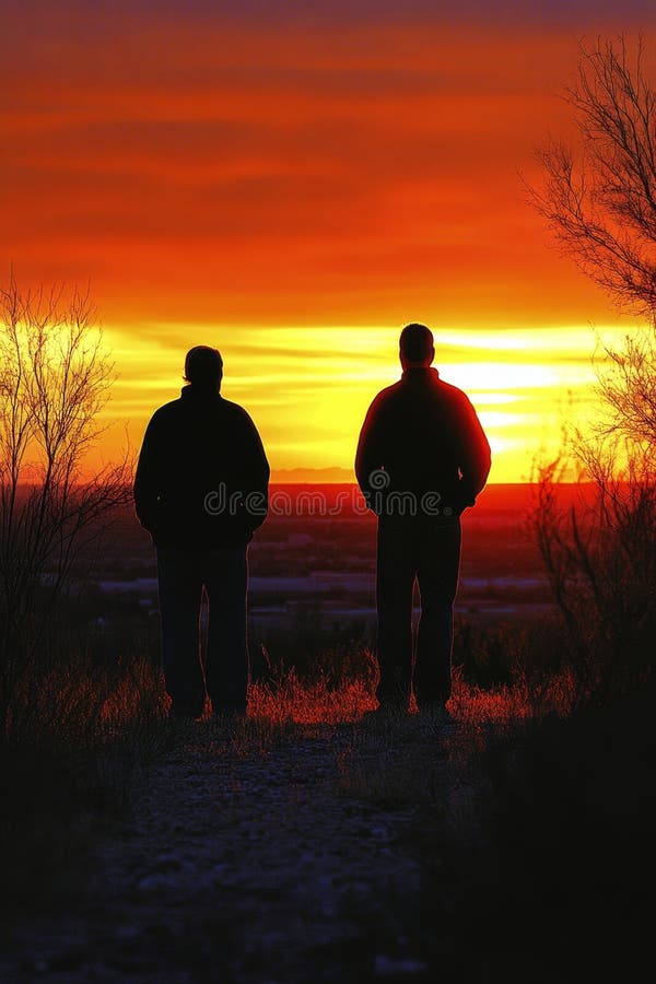 Romantic Sunset Silhouette, Two People Contemplate the Setting Sun Over ...