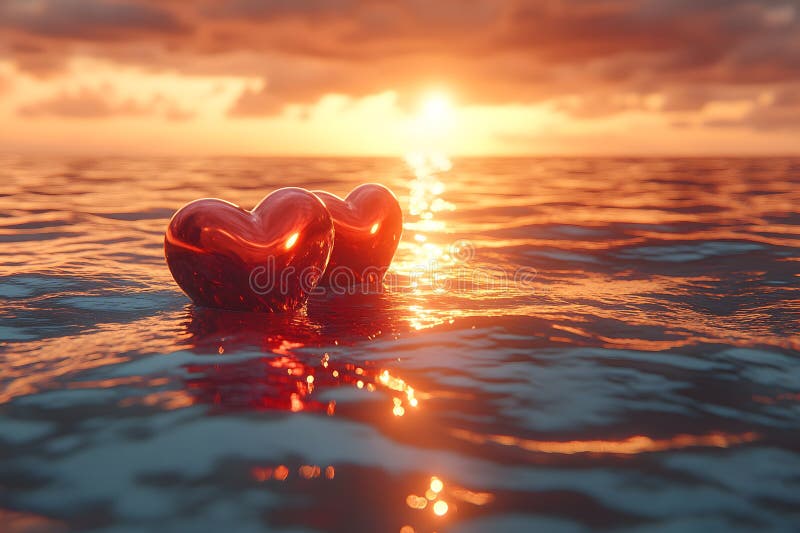 Romantic Sunset with Two Hearts Floating on Ocean Waves Generative AI ...