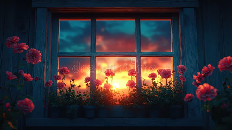 Romantic Sunset View from Wooden Window with Flowers Stock Illustration ...