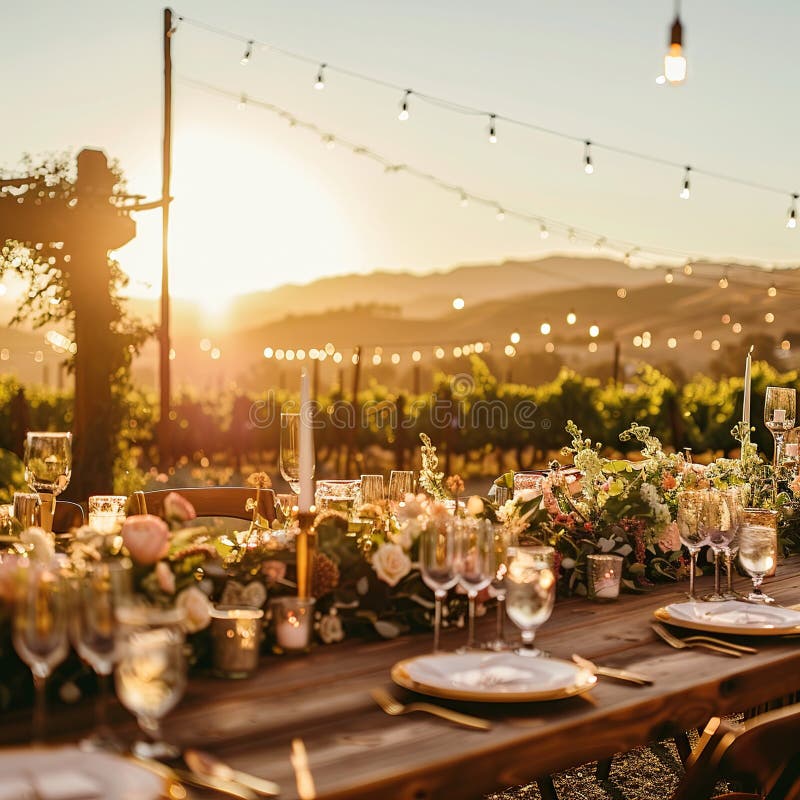 Romantic Sunset Vineyard Wedding Reception Dinner Table Setting Stock ...