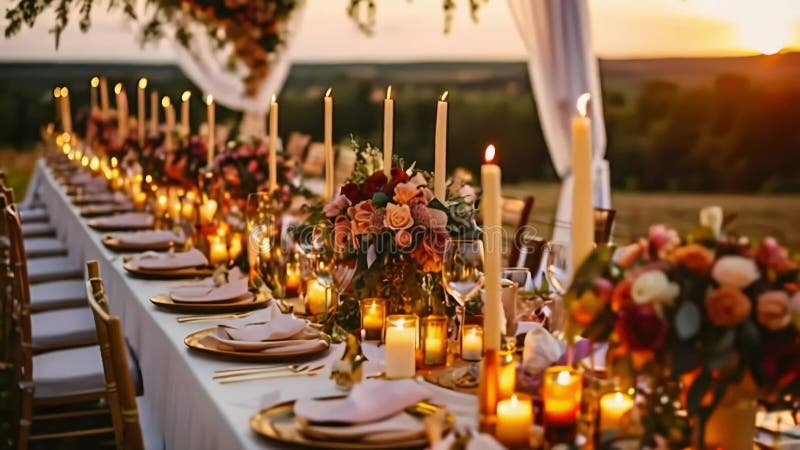 Romantic Sunset Wedding Reception Table Setting with Candles and Floral ...