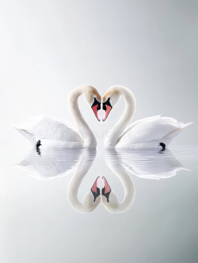 Romantic Swan Pair in Heart-shaped Pose Reflecting on Serene Water ...