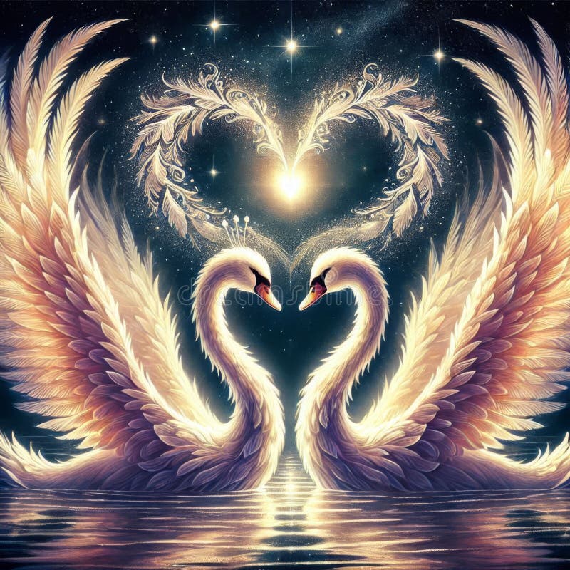 Swan Pair Under Nighttime Glow Stock Illustration - Illustration of ...