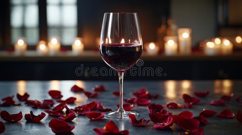 A Romantic Table Adorned with Candles, Wine, and Scattered Rose Petals ...