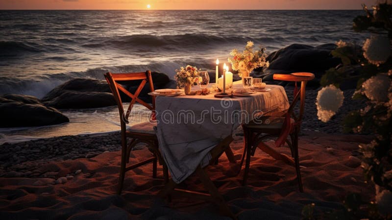Romantic Table Setting on the Beach Stock Illustration - Illustration ...