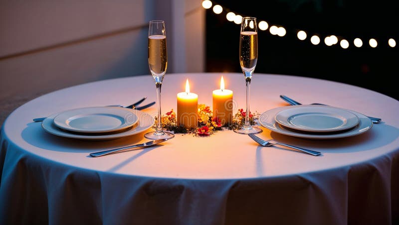 Romantic Table Setting with Candles and Champagne Stock Illustration ...