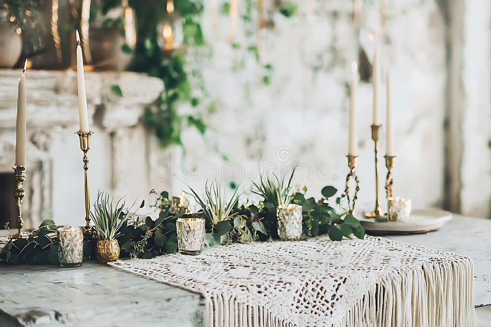 Romantic Table Setting with Candles Greenery and Macrame Table Runner a ...