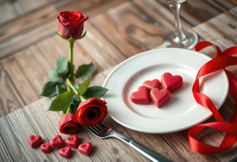 A Romantic Table Setting Featuring a White Plate with Red Roses and ...