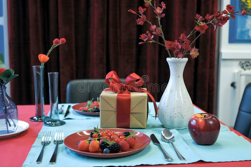 Festive Table Setting with Gift, Berries, and Flowers for a Special ...