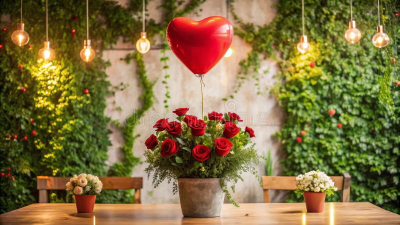 Romantic Table Setting with Heart Balloon and Roses. Generative AI ...