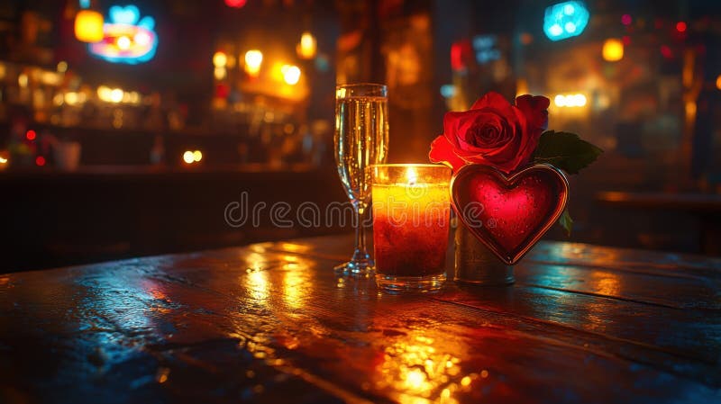 Romantic Table Setting with Heart-shaped Decorations, Soft Candlelight ...