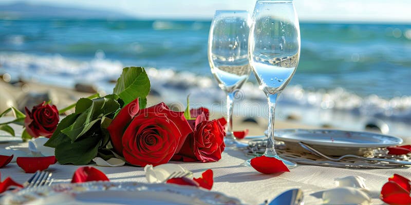 Romantic Table Setting with Red Roses and a Beach View, Elegant and ...