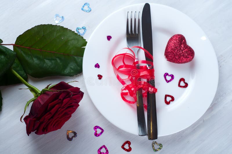 Romantic Table Setting with Rose Stock Photo - Image of cutlery ...