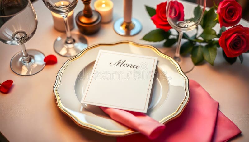 Romantic Table Setting with Roses and Burning Candles on Empty Blank ...