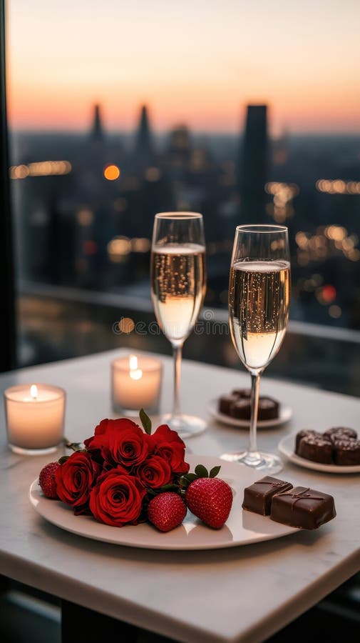 Romantic Table Setting with Roses, Champagne, and Chocolates at Sunset ...
