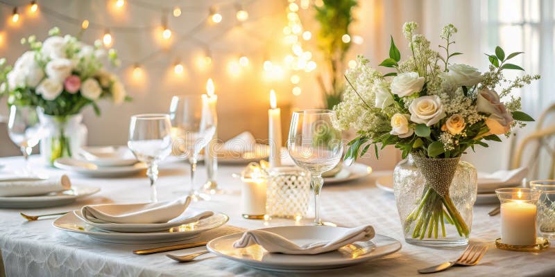 Romantic Table Setting with Soft Lighting and Delicate Floral ...