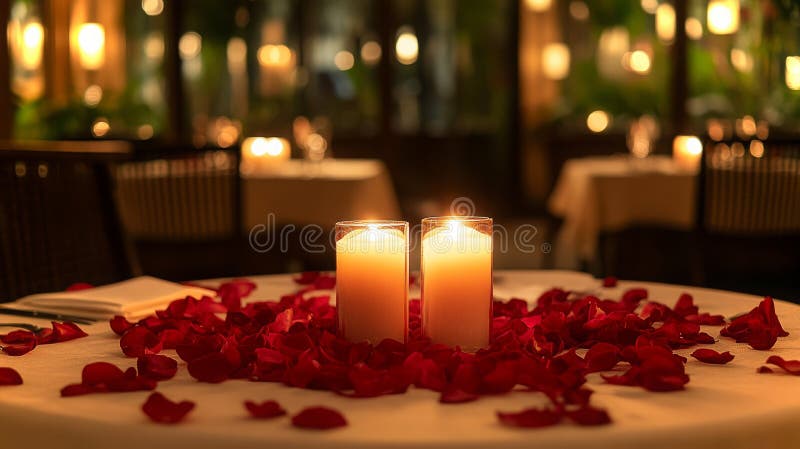 Romantic Table for Two with Candles and Rose Petals in an Intimate ...