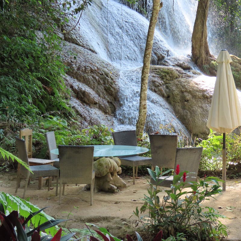 Romantic Table by the Waterfall in Nature Stock Image - Image of nature ...