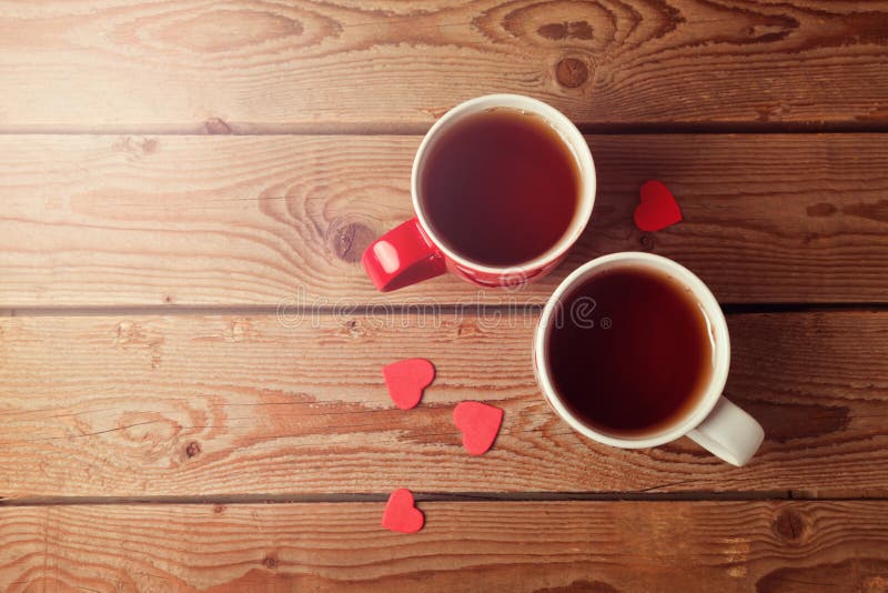 Romantic Tea Cups with Heart Shape on Wooden Table. View from Above ...
