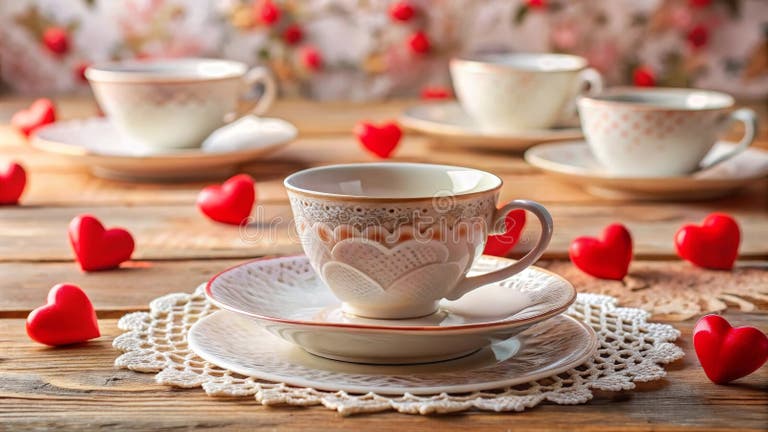 Romantic Tea Party Setting with Delicate Porcelain Cups and Hearts ...