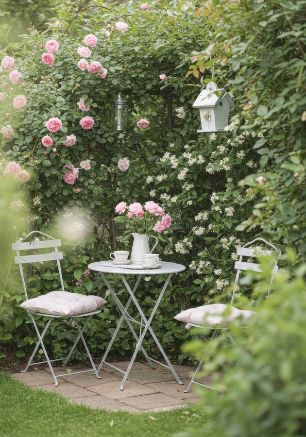 Romantic Tea Setting in a Pink and White Rose Garden Stock Illustration ...