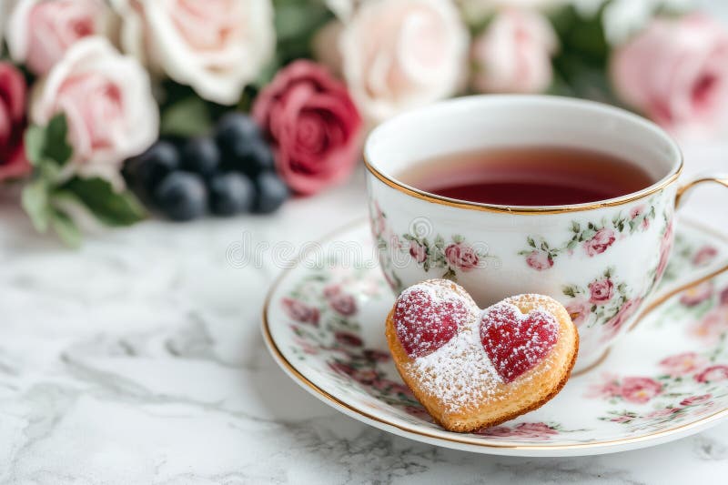 Romantic Tea Time with Heart-shaped Pastry Stock Illustration ...