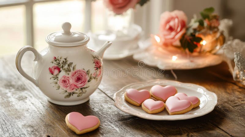 Romantic Tea Time Setting with Heart Shaped Cookies and Floral Teapot ...
