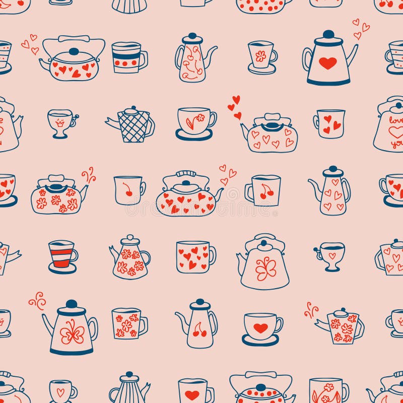 Romantic Teapot, Cups and Mugs Seamless Pattern with Hearts. Perfect ...