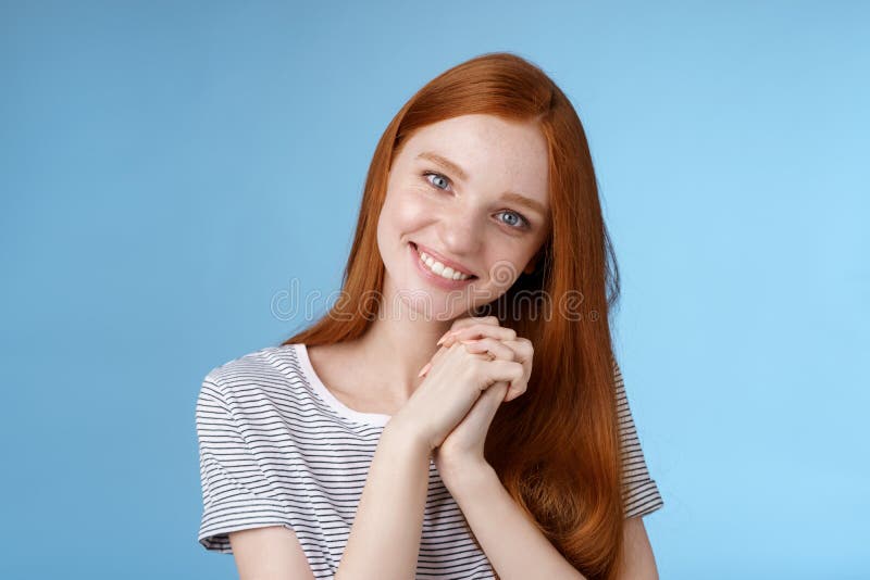 Romantic Tender Lovely Redhead Girlfriend Tilting Head Press Palms