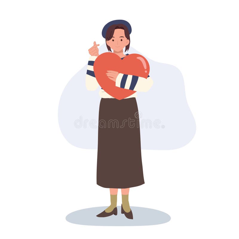 Romantic Theme with Woman Hugging Red Heart and Showing Mini Heart Pose ...