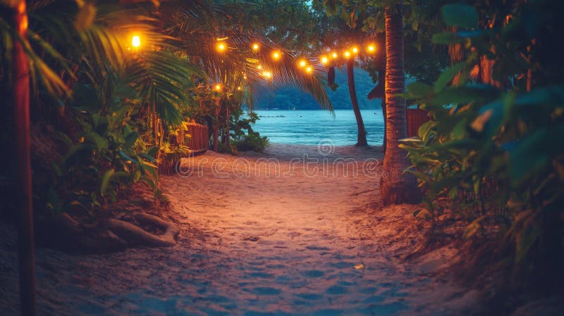 Romantic Tropical Beach Path at Night with Warm String Lights Stock ...