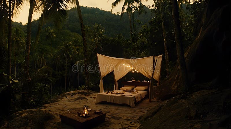 Romantic Tropical Canopy Bed Setup Night Scene in Lush Jungle String ...