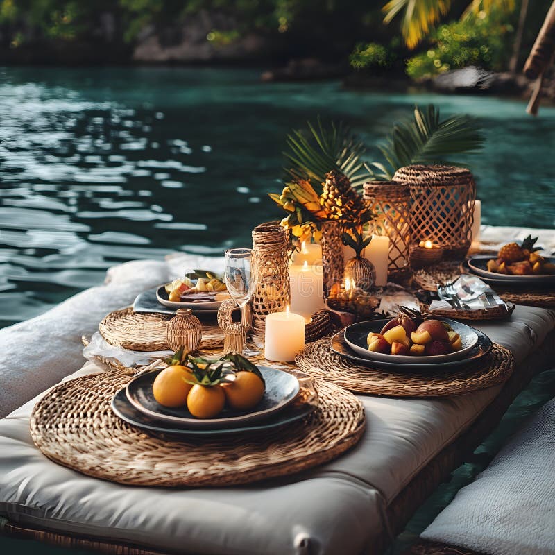 Romantic Tropical Dinner on Floating Platform Stock Illustration ...