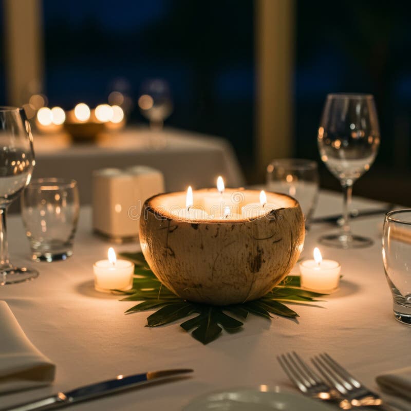 Romantic Tropical Dinner Table Setting with Coconut Candle Centerpiece ...