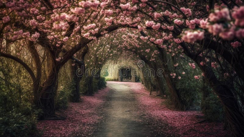 The Romantic Tunnel of Pink Flower Trees. Generative AI Stock ...