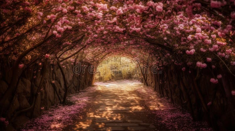 The Romantic Tunnel of Pink Flower Trees. Generative AI Stock ...