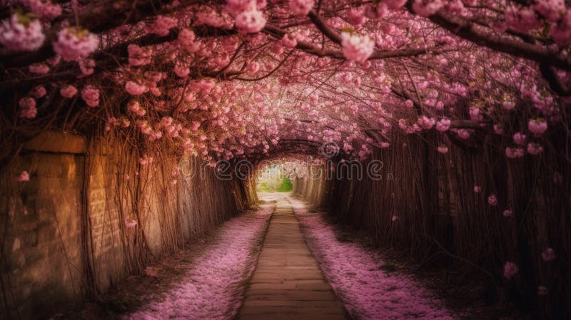 The Romantic Tunnel of Pink Flower Trees. Generative AI Stock ...