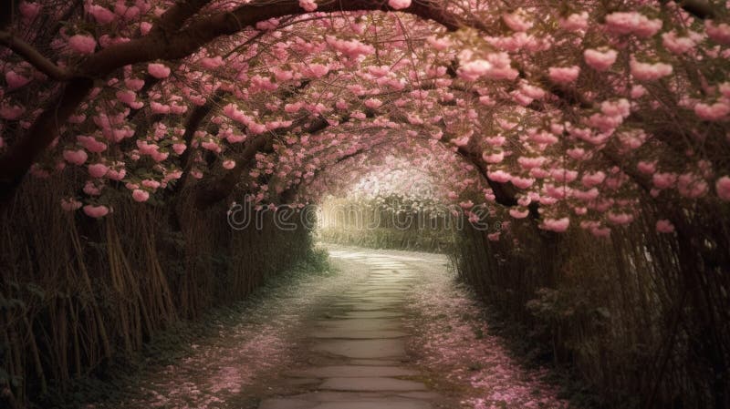 The Romantic Tunnel of Pink Flower Trees. Generative AI Stock ...