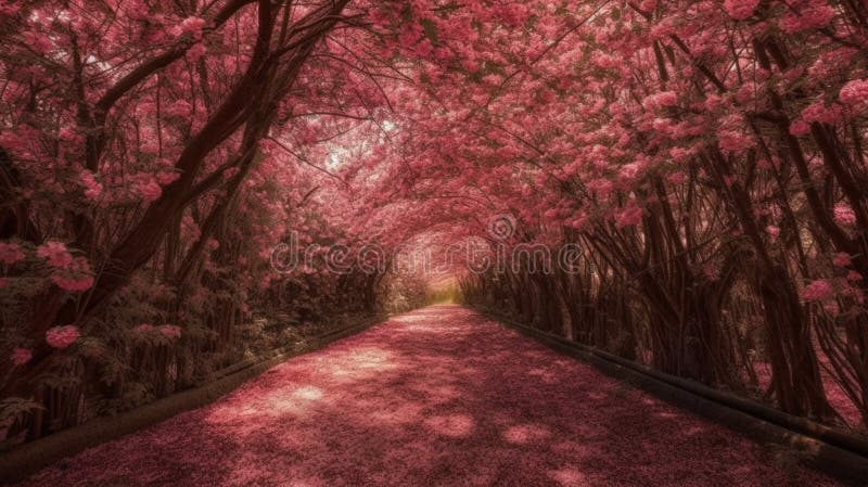 The Romantic Tunnel of Pink Flower Trees. Generative AI Stock ...