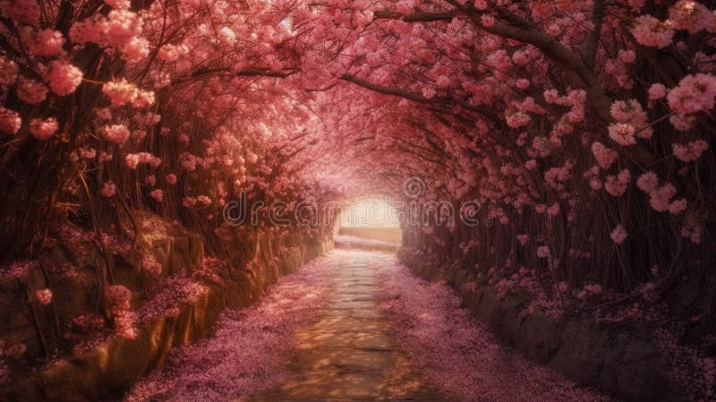 The Romantic Tunnel of Pink Flower Trees. Generative AI Stock ...