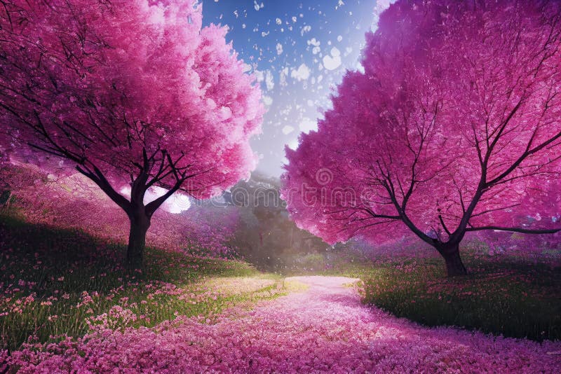 Romantic Tunnel of Pink Sakura Blossom Trees in the Spring, Generative ...